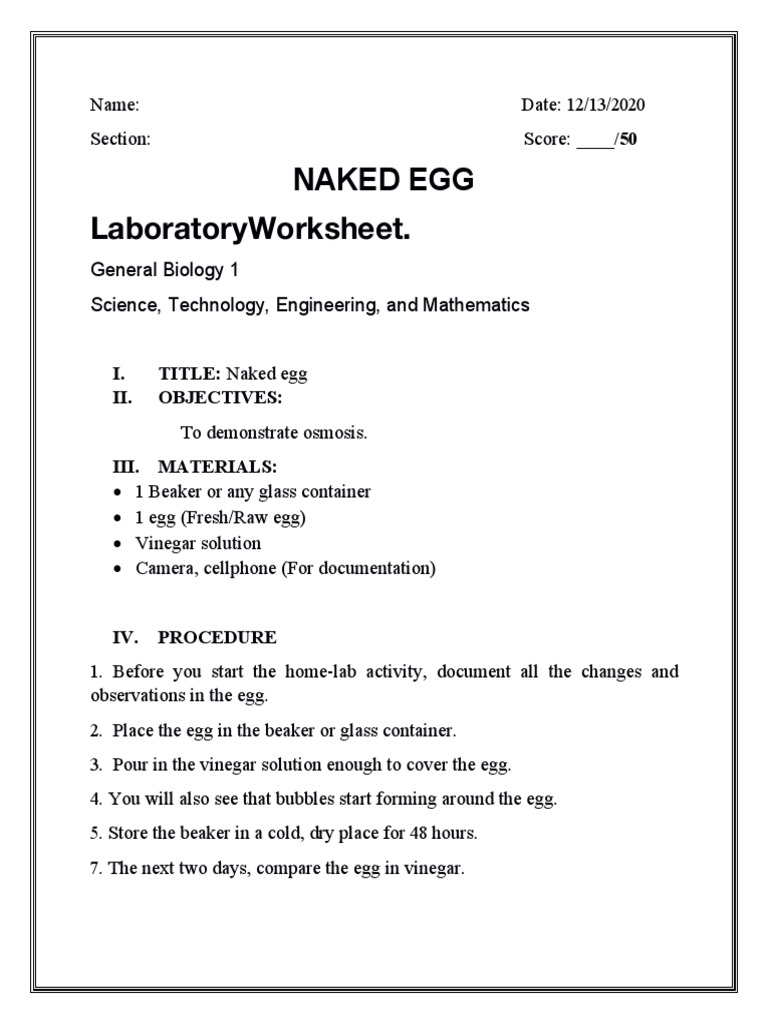Laboratory Worksheet BIO 1 (NAKED EGG) 2 | PDF | Osmosis | Chemistry