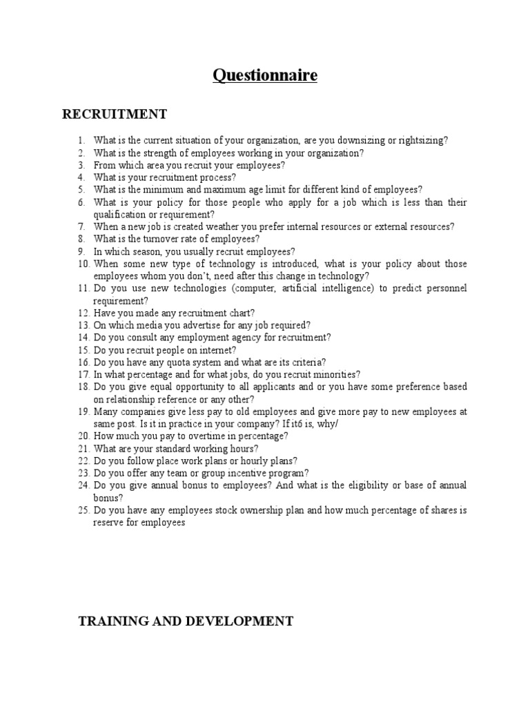 Questionnaire | PDF | Employment | Recruitment