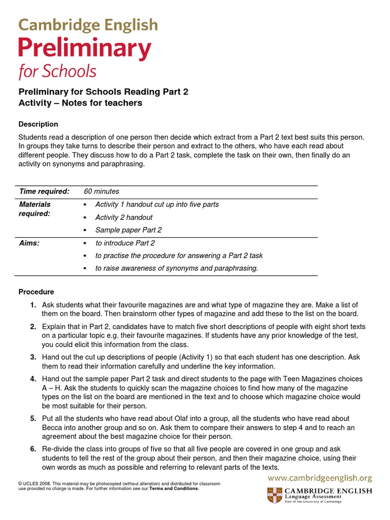 Preliminary For Schools Reading Part 2 Activity - Notes For Teachers ...