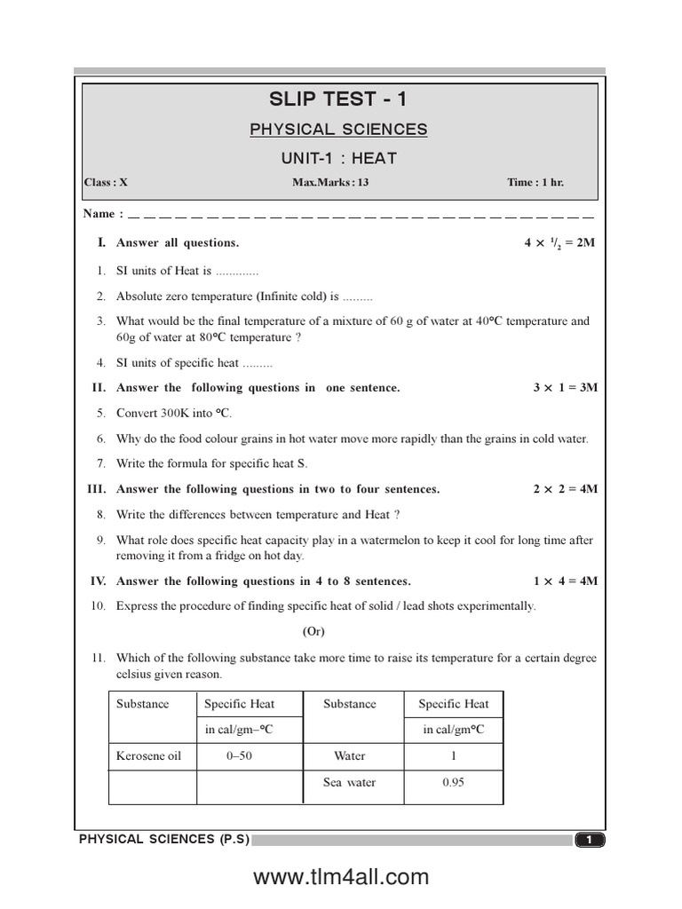 Slip Test - 1: Physical Sciences Unit-1: Heat | PDF | Chemical Bond ...