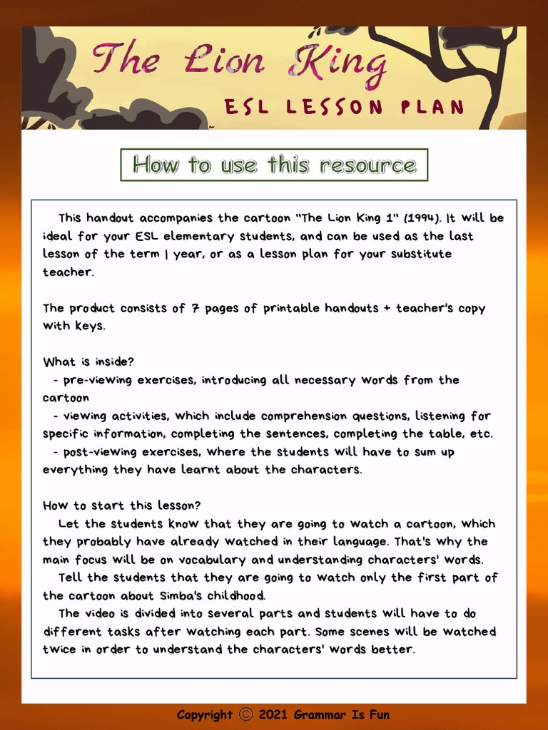 ESL Lesson Plan: The Lion King Activities | PDF | Language Arts ...