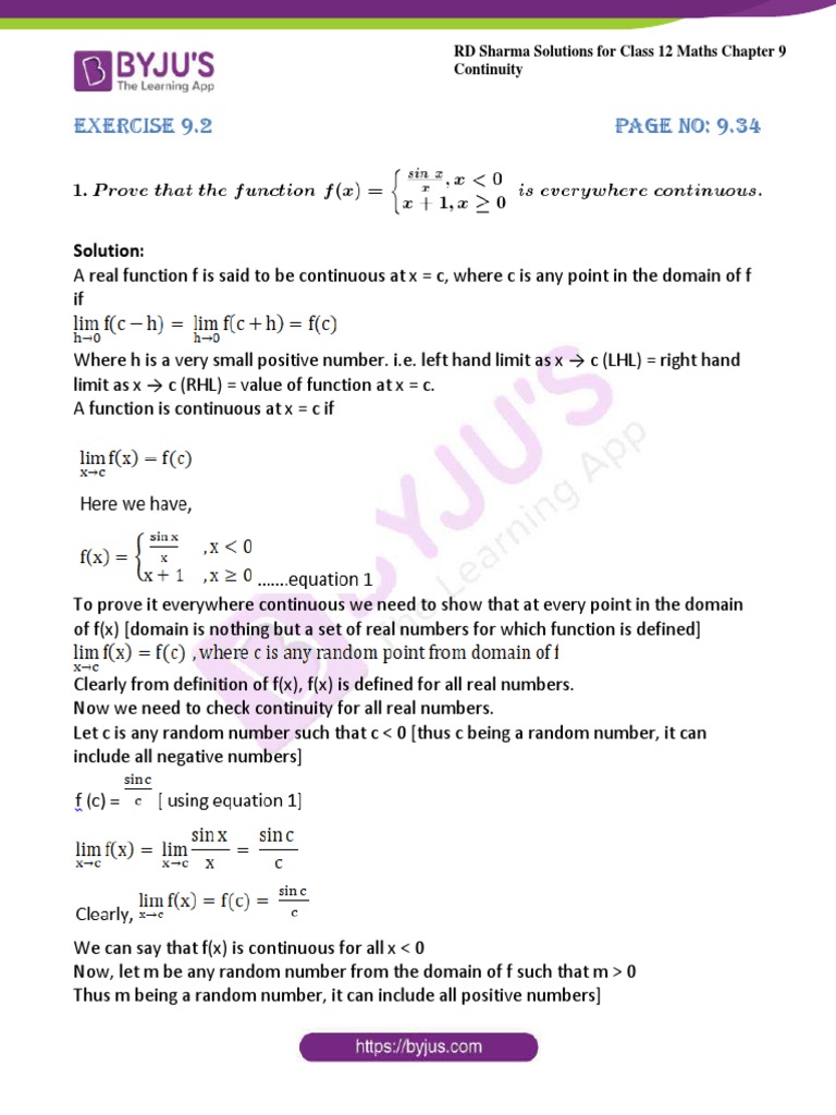 RD Sharma Class 12 Maths Chapter 9 Continuity Solutions | PDF | Continuous Function | Function ...