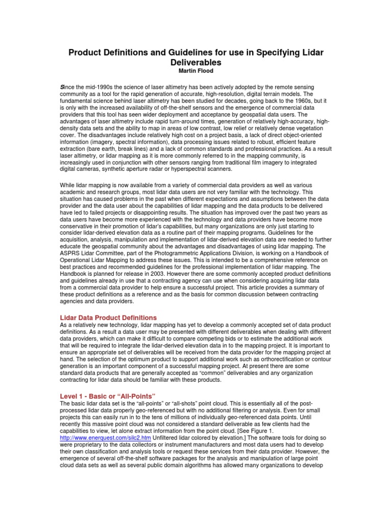 Product Definitions and Guidelines For Use in Specifying Lidar ...