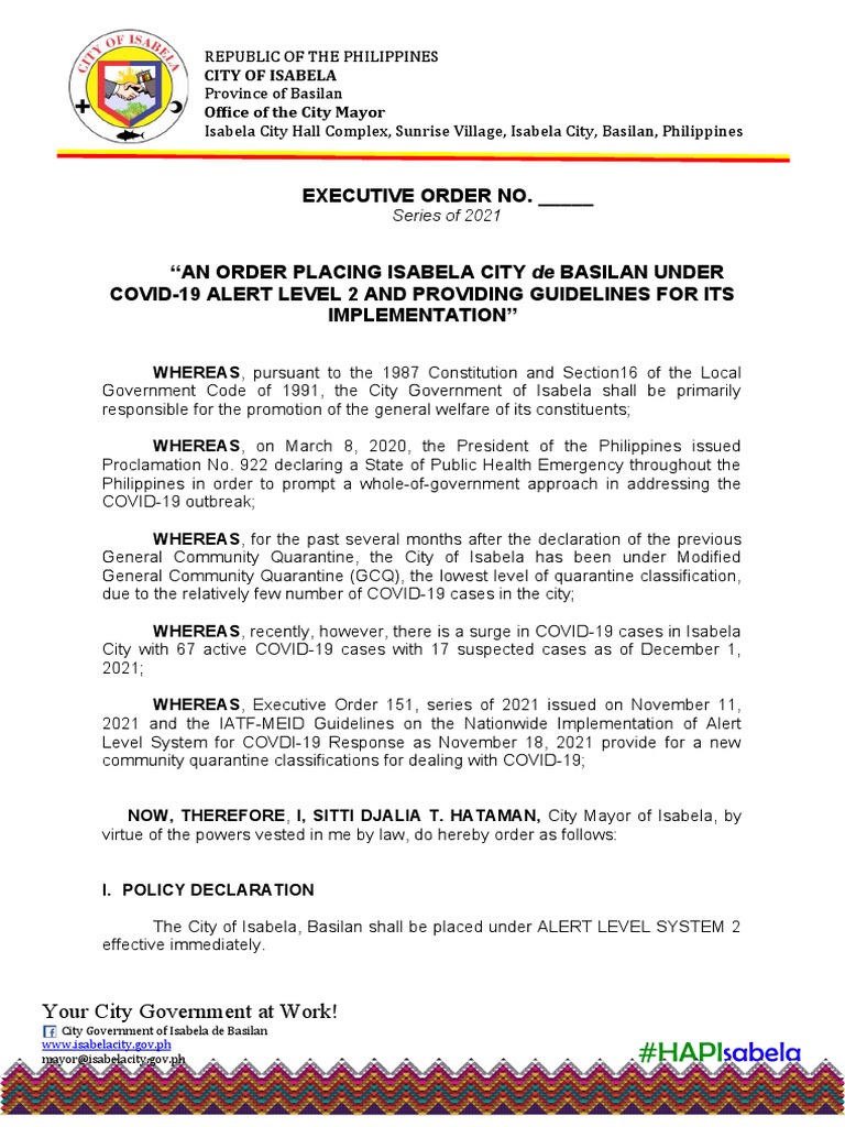 Executive Order Placing Isabela Under Alert Level 2 and Providing ...