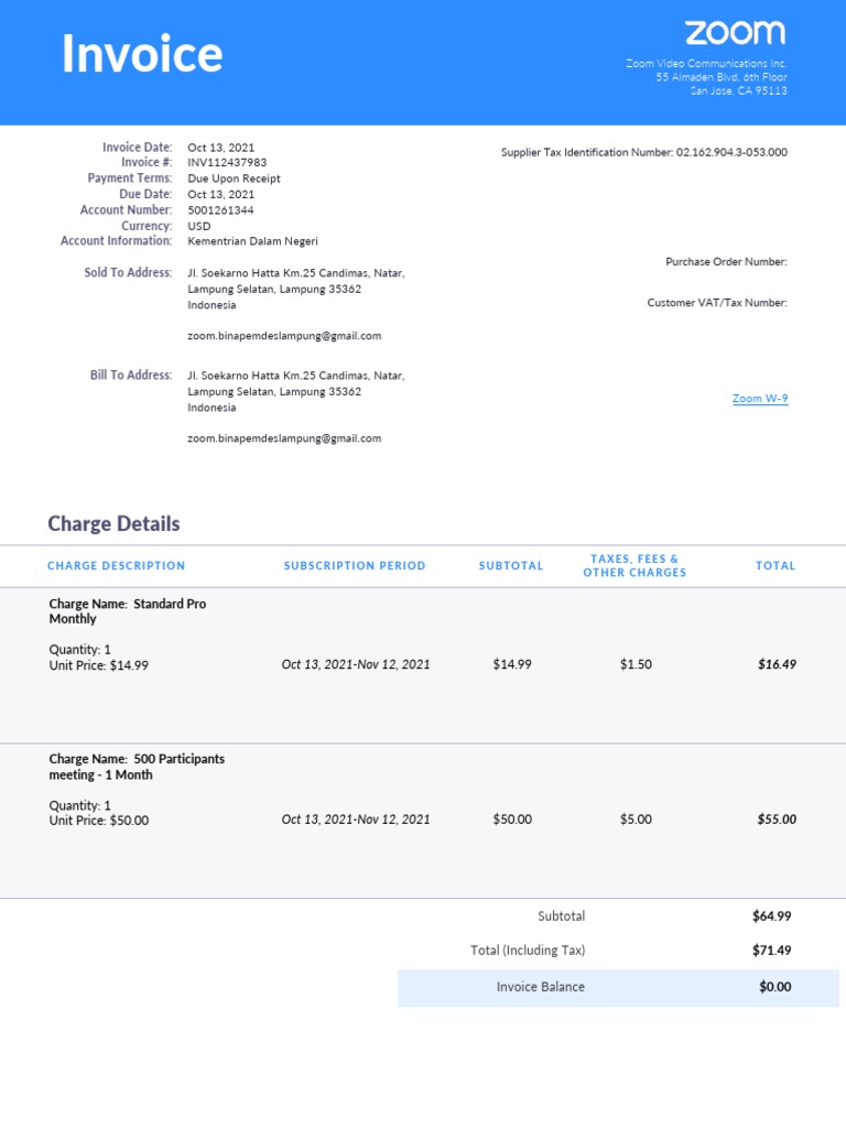 Zoom Okt INV112437983 | Download Free PDF | Invoice | Fee