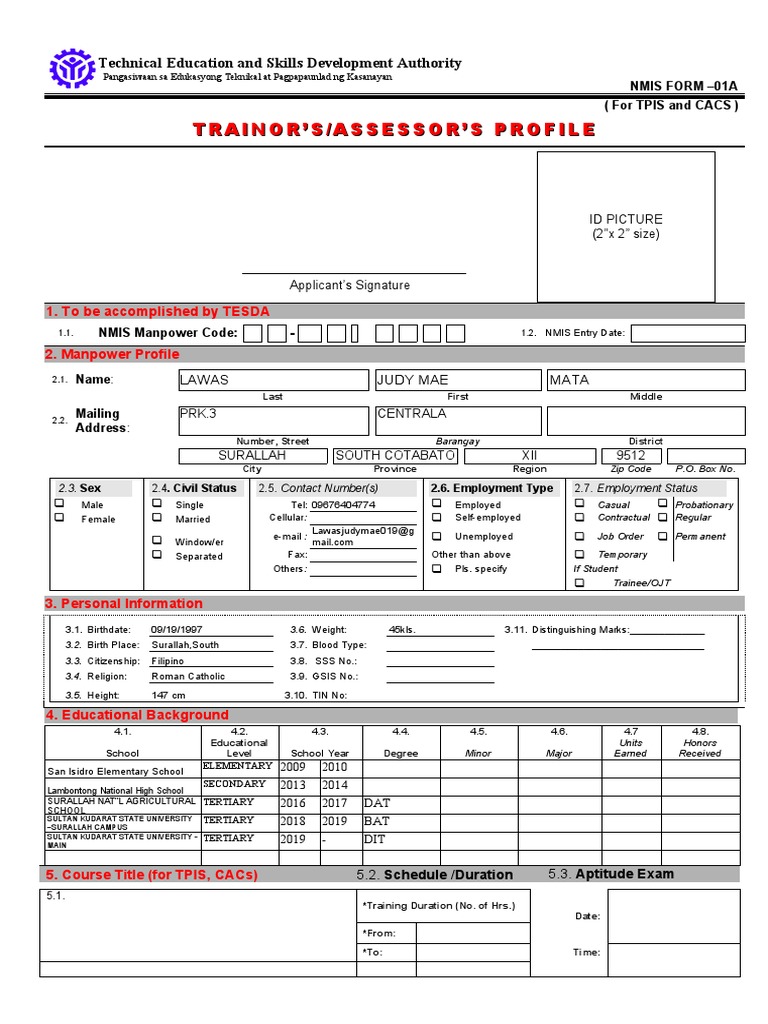 Trainer's/Assessor's Profile: Lawas Judy Mae Mata | PDF