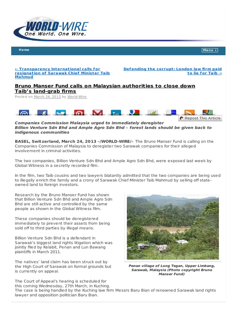 World Wirecom20130324bruno Manser Fund Calls On Malaysian Authorities To Close Down Taibs Land ...