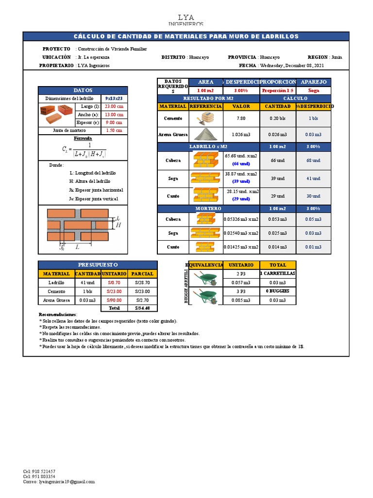 Calculo Cantidad de Materiales - Muro | PDF | Ladrillo | Horticultura y jardinería