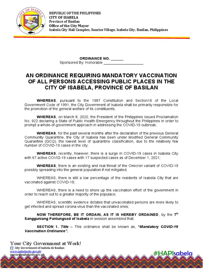 Draft Ordinance Re Mandatory Vaccination - Isabela City | PDF ...
