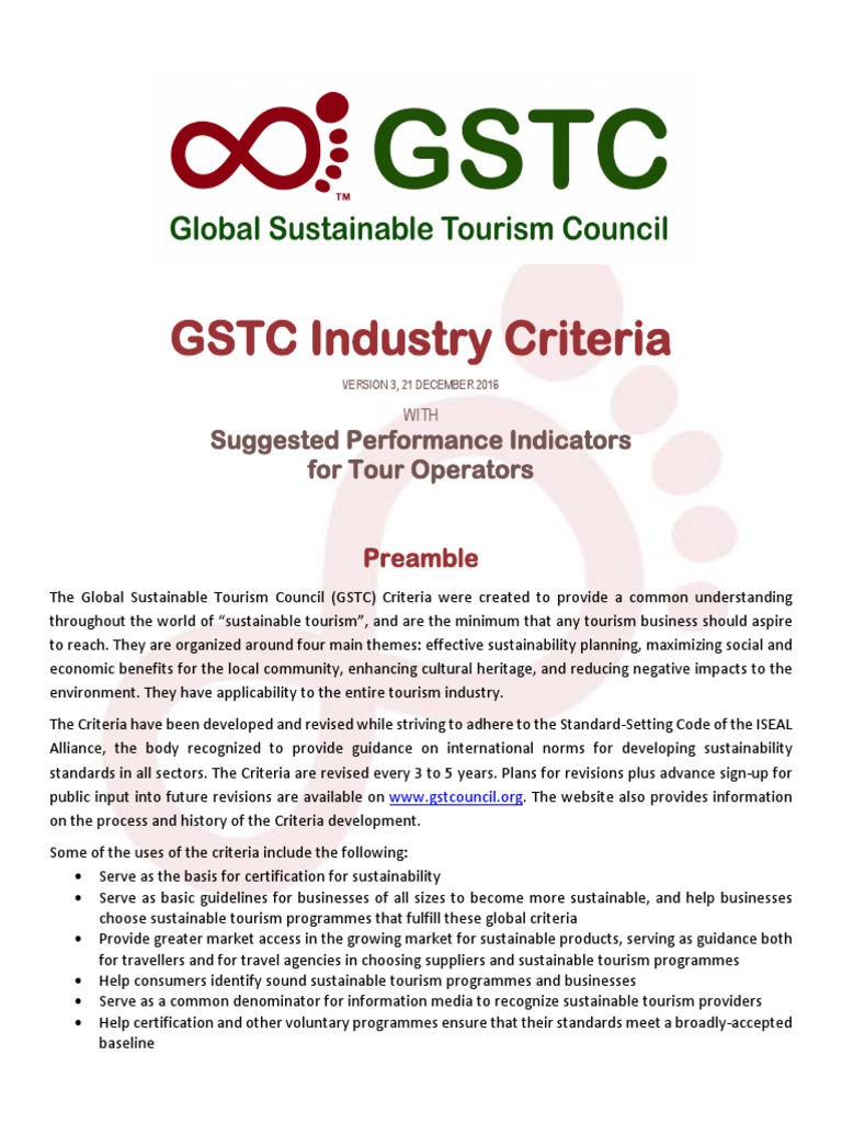 GSTC Industry Criteria For Tour Operators With Indicators Dec 2016 | PDF | Waste | Sustainability