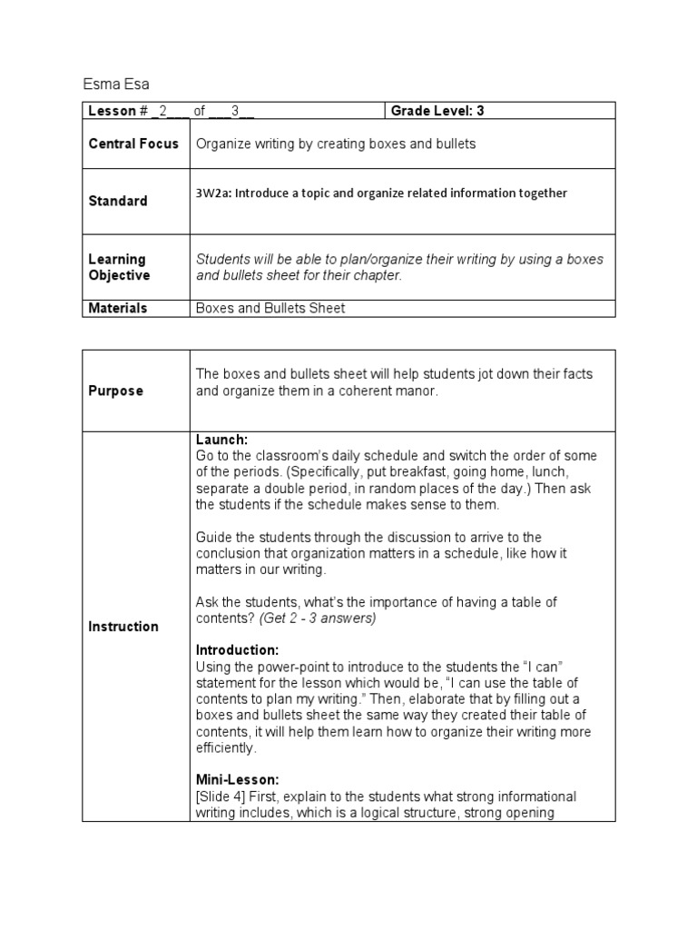 Esma Esa: Lesson # - 2 - of - 3 - Grade Level: 3 Central Focus | PDF ...