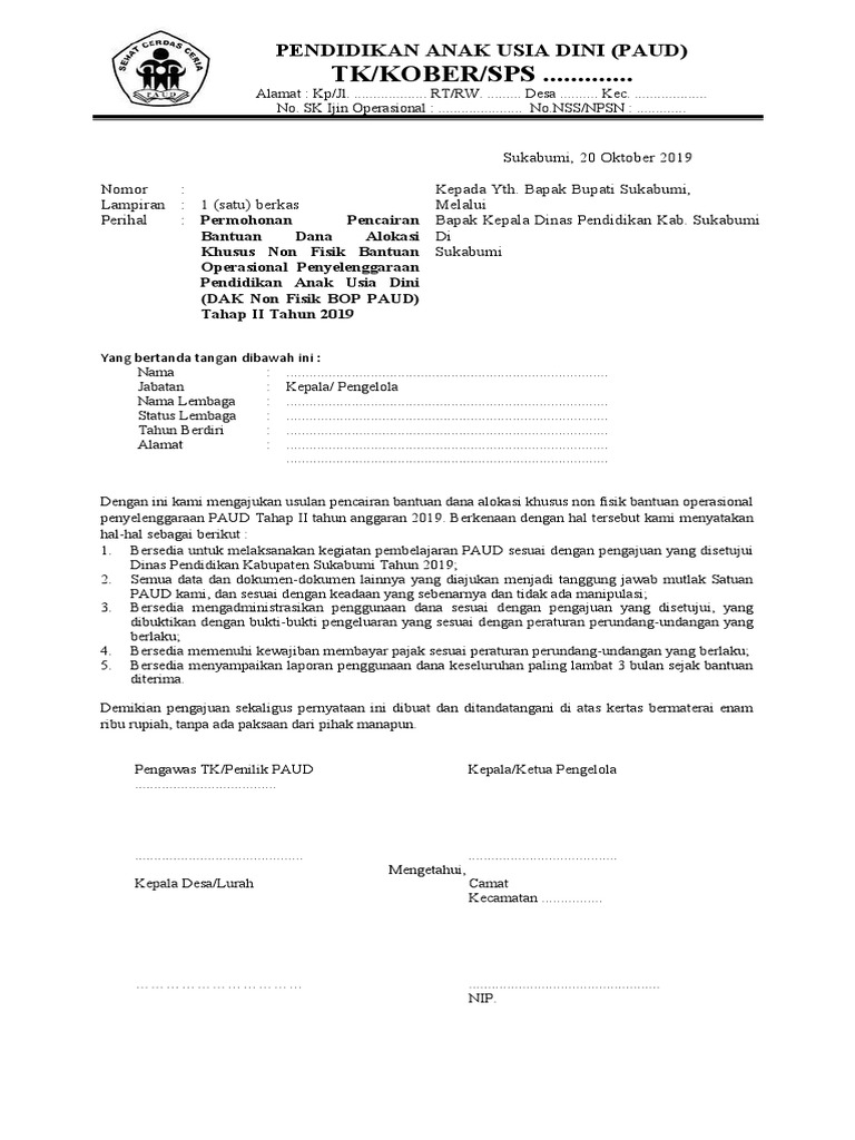 Contoh Proposal Pencairan BOP PAUD 2019 | PDF