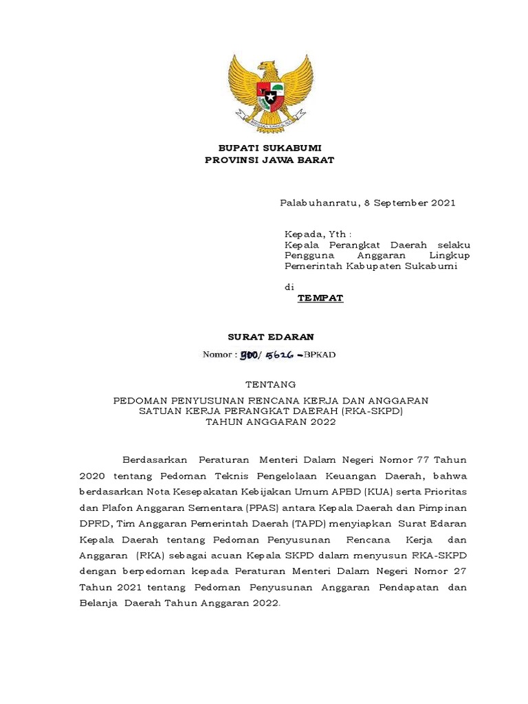 Surat Edaran Tentang Penyusunan Rka SKPD T.A 2022 | PDF