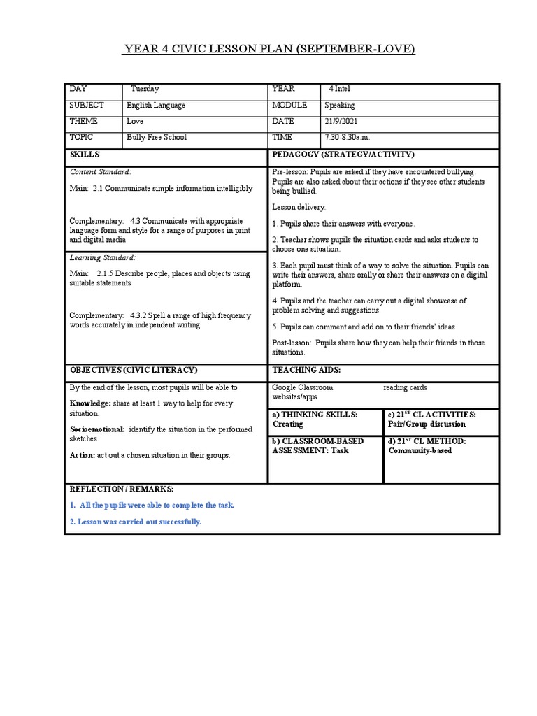 Year 4 Civic Lesson Plan (September-Love) : Content Standard | PDF ...