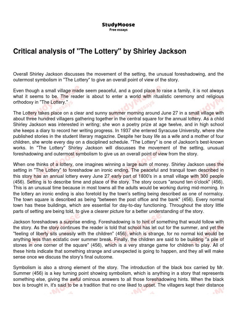 Critical Analysis of The Lottery by Shirley Jackson | PDF