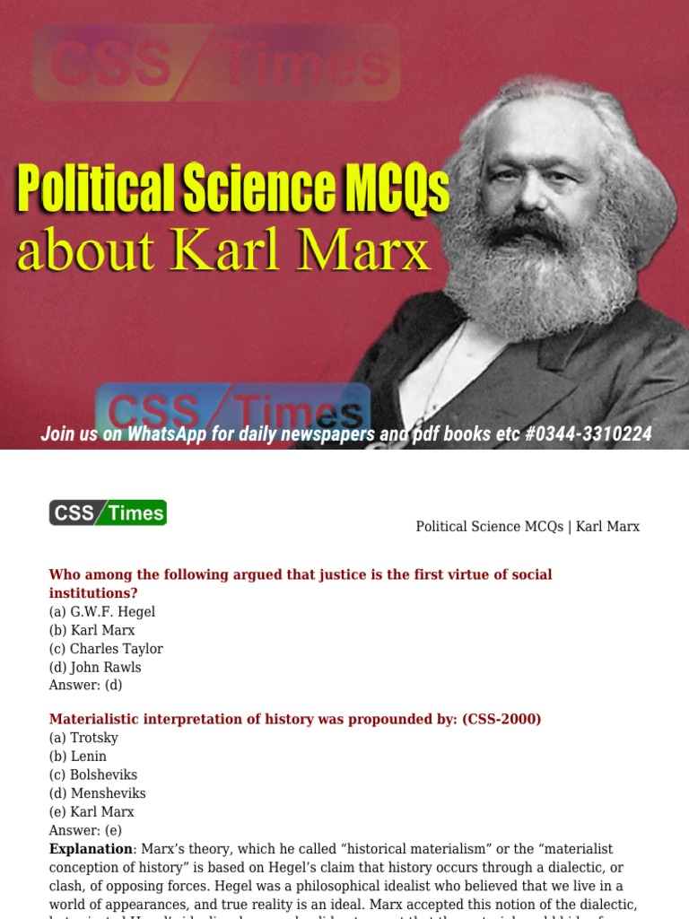Political Science MCQs on Karl Marx | PDF | Marxism | Karl Marx