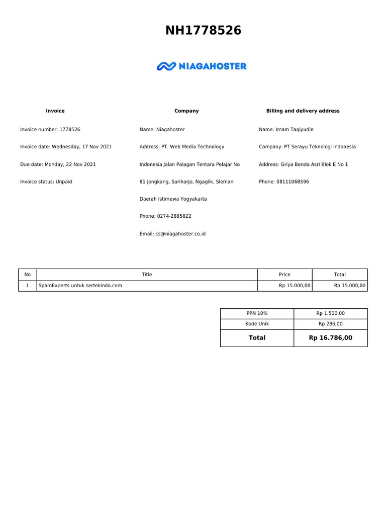 Invoice Company Billing and Delivery Address: Total RP 16.786,00 | PDF