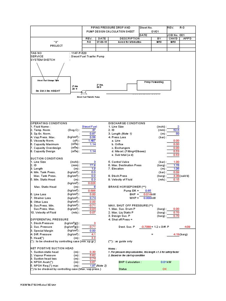 Piping Pressure Drop and Pump Design Calculation Sheet: R-0 07-06-18 ...