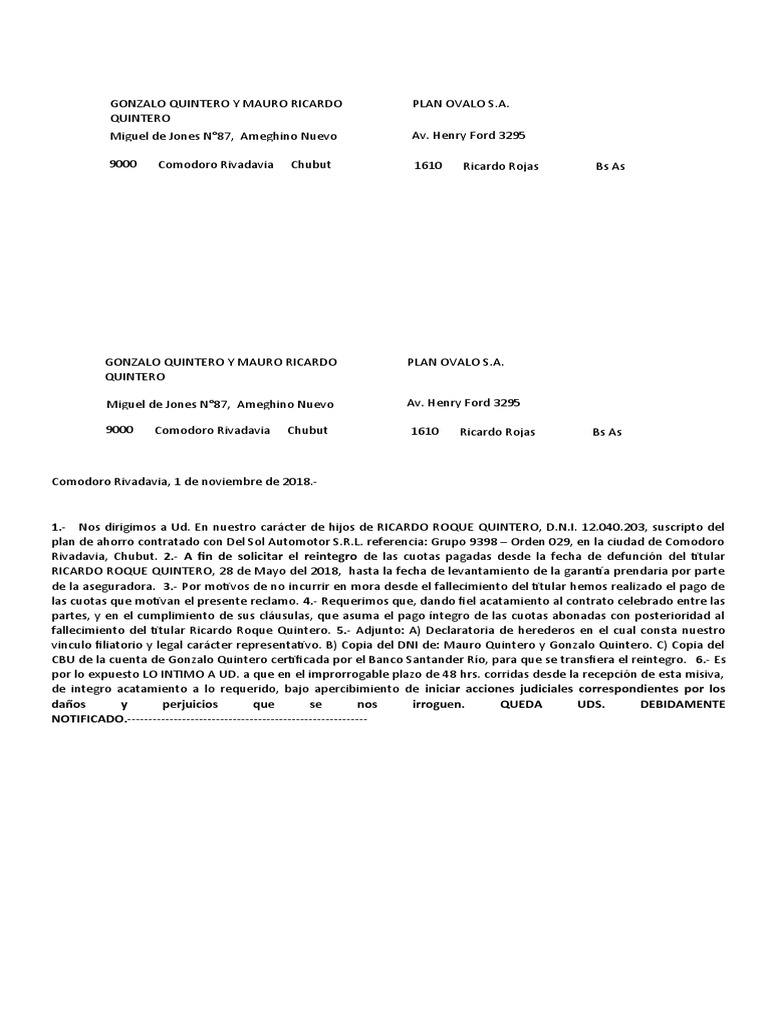 Modelo Carta Documento Solicitud Reintegro de Dinero Plan de Auto | PDF | Hogar, jardinería y ...