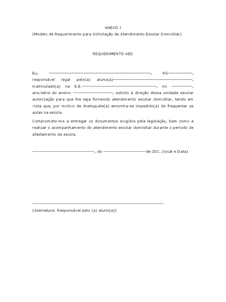 Anexo I Modelo de Requerimento para Solicitao de Atendimento Escolar ...