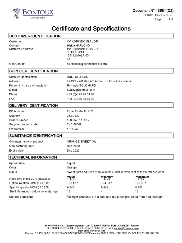 COA Sweet Orange | PDF | Flavor | Food And Drink