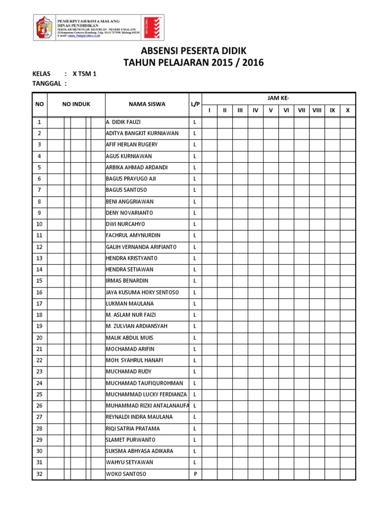 Absen Kelas 2015-2016 | PDF