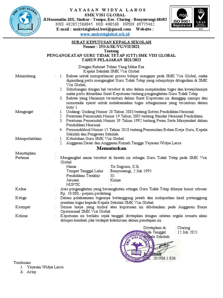 Contoh SK GTT KEPSEK | PDF