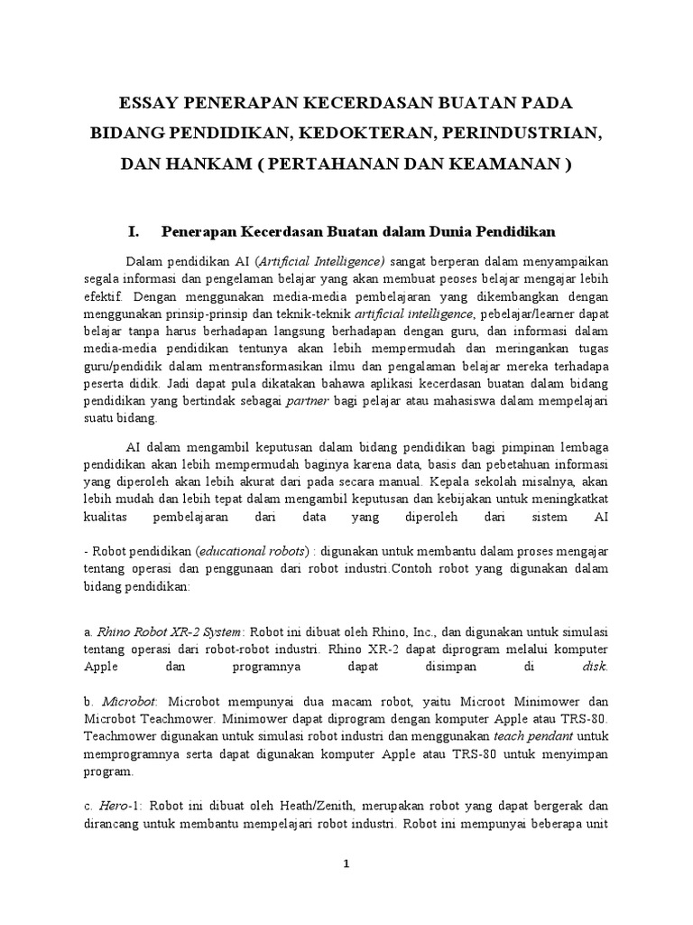 Essay Penerapan Kecerdasan Buatan Di Berbagai Bidang | PDF Essay Penerapan Kecerdasan Buatan Di Berbagai Bidang | PDF