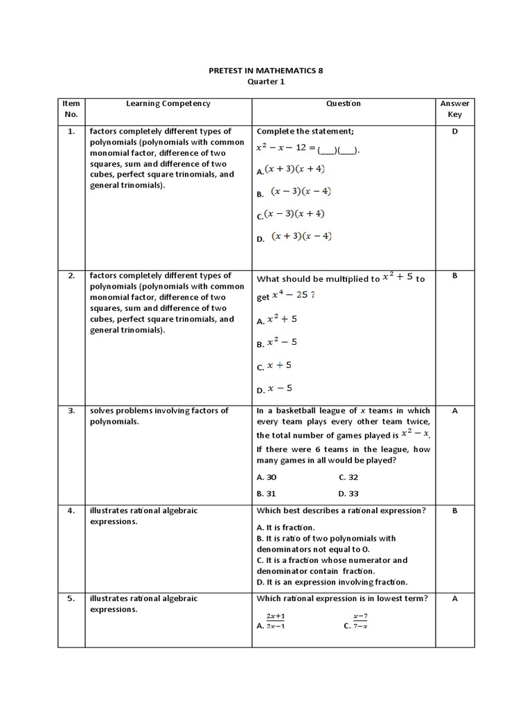 Grade 8 - Pretest Q1 | PDF | System Of Linear Equations | Equations
