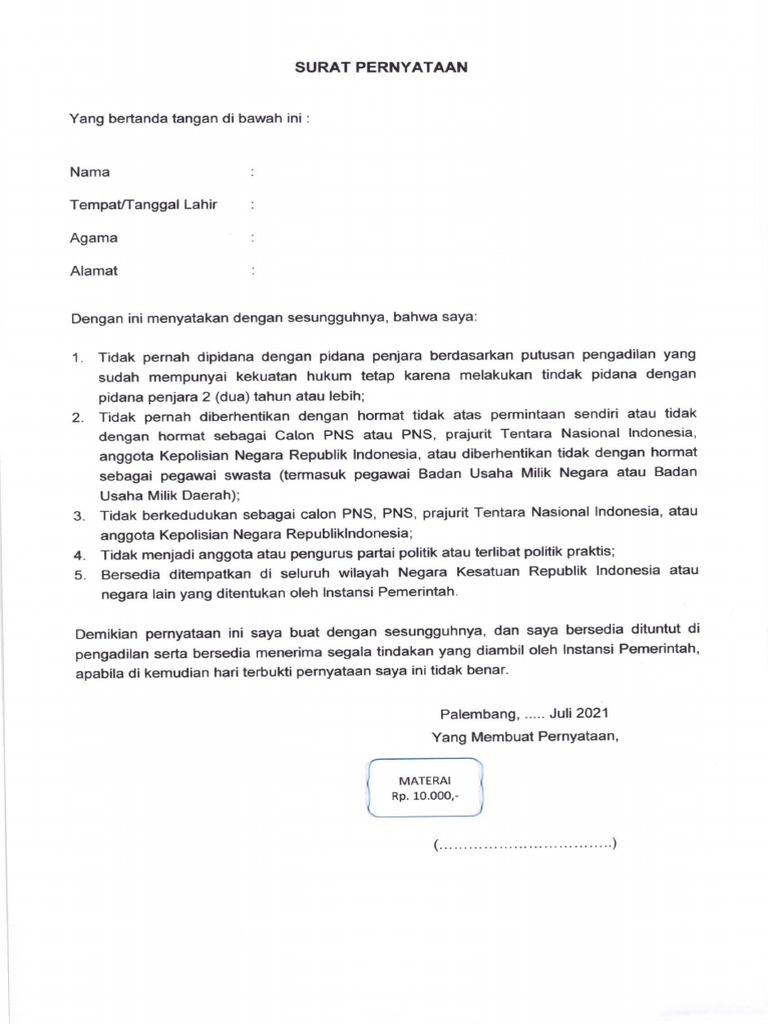 Contoh Surat Pernyataan | PDF