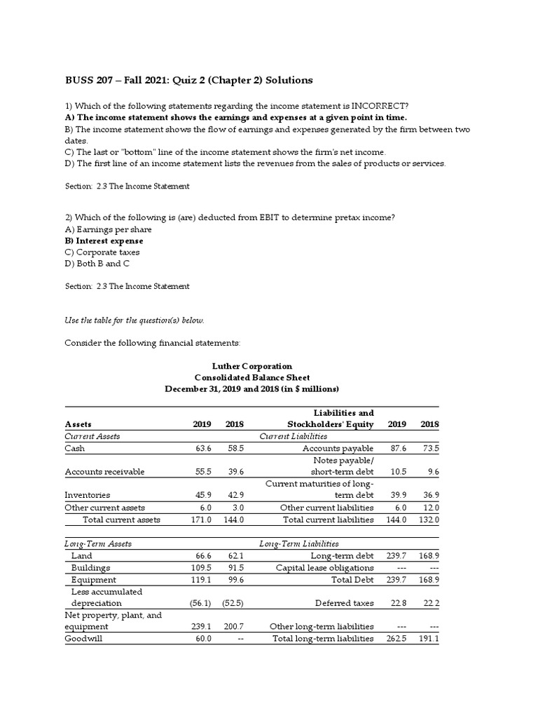 BUSS 207 Quiz 2 - Solutions | Download Free PDF | Expense | Equity (Finance)