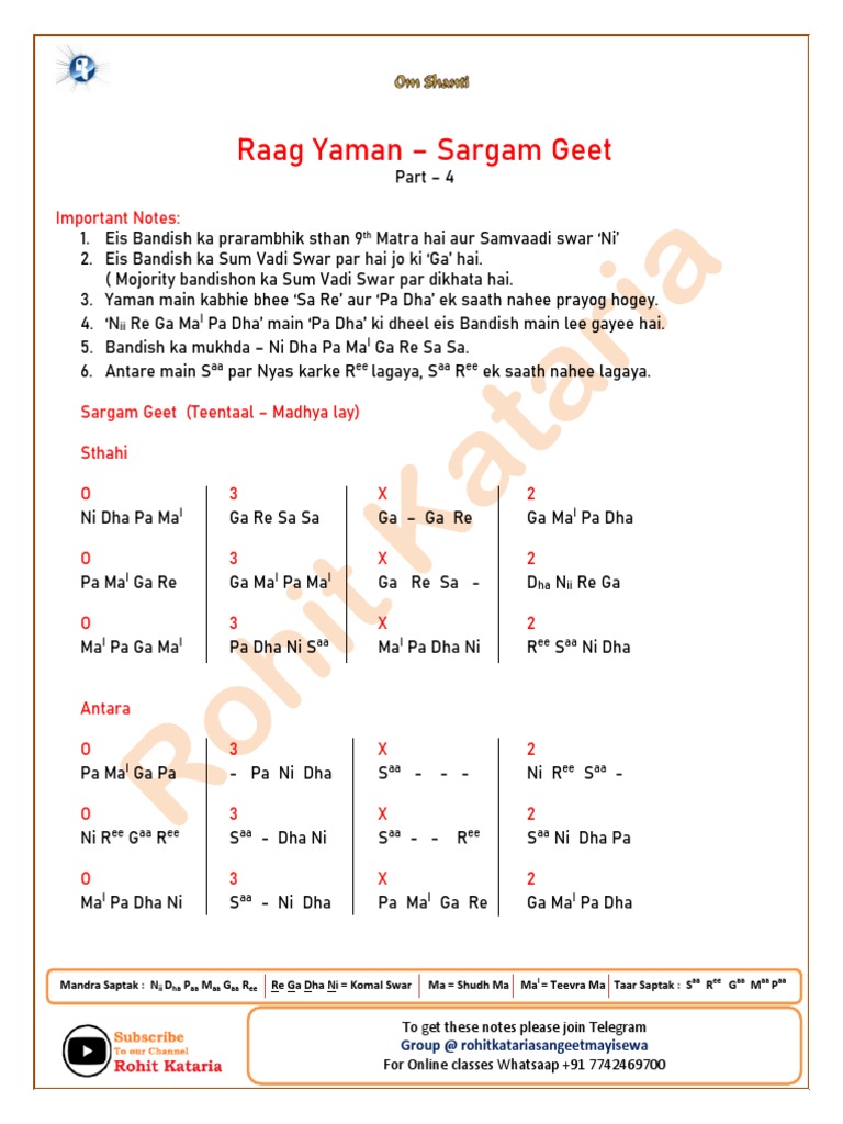 Raag Yaman - Sargam Geet: Important Notes | PDF | Pitch (Music ...