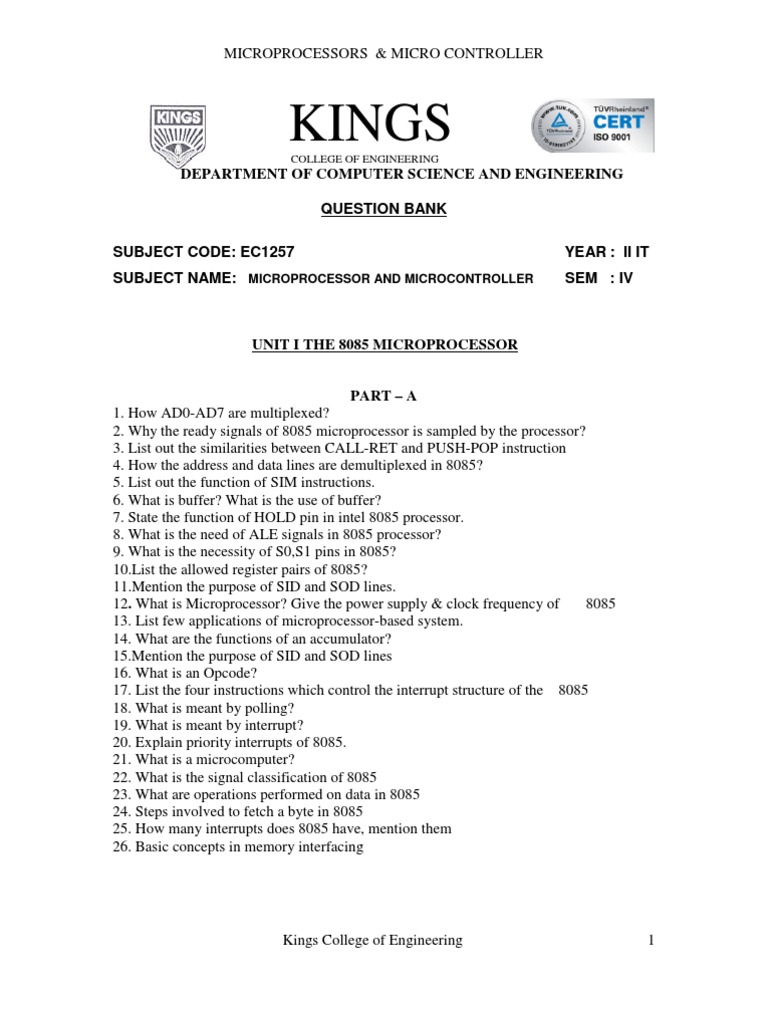 Kings: Department of Computer Science and Engineering Question Bank | PDF | Microcontroller ...