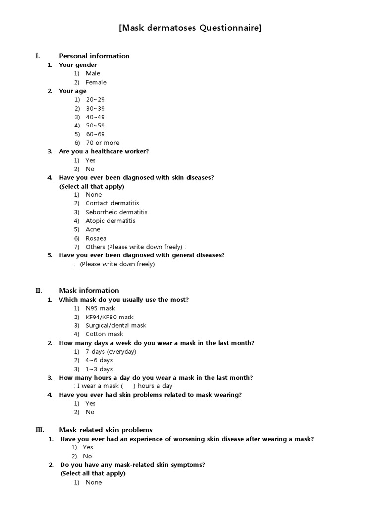 (Mask Dermatoses Questionnaire) : I. Personal Information | PDF ...