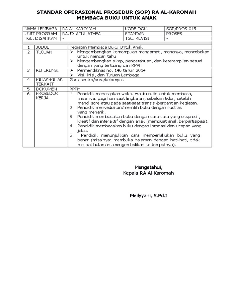 Standar Operasional Prosedur (Sop) Ra Al-Karomah Membaca Buku Untuk Anak | PDF