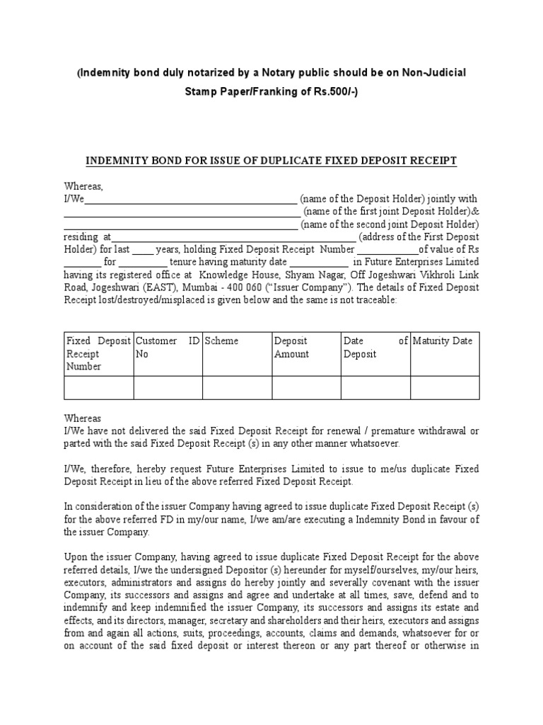 Indemnity Bond for Lost FD Receipt | PDF | Private Law | Financial Services