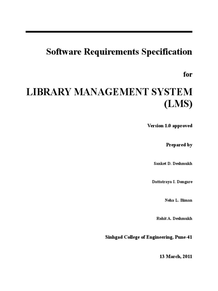 Library Management System (LMS) : Software Requirements Specification | Download Free PDF ...