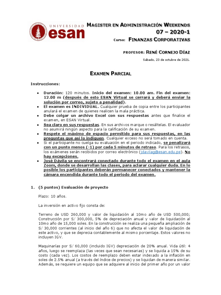 ExaPar FinCorp MBAWeekend 2020-1 Oct23 | PDF | Prueba (evaluación ...