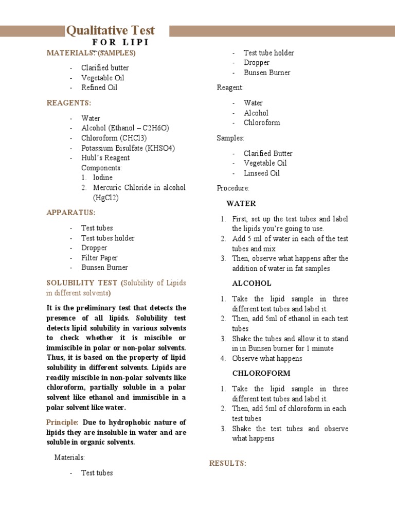 Qualitative Test For Lipids | PDF | Solubility | Fat