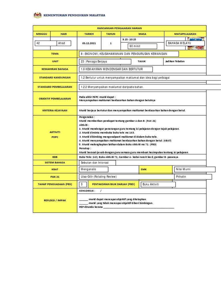 ##RPH PDPR Minggu (42) Bahasa Melayu 2021 | PDF