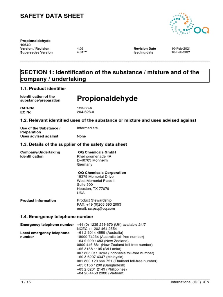 Propionaldehyde: Safety Data Sheet | PDF | Toxicity | Firefighting