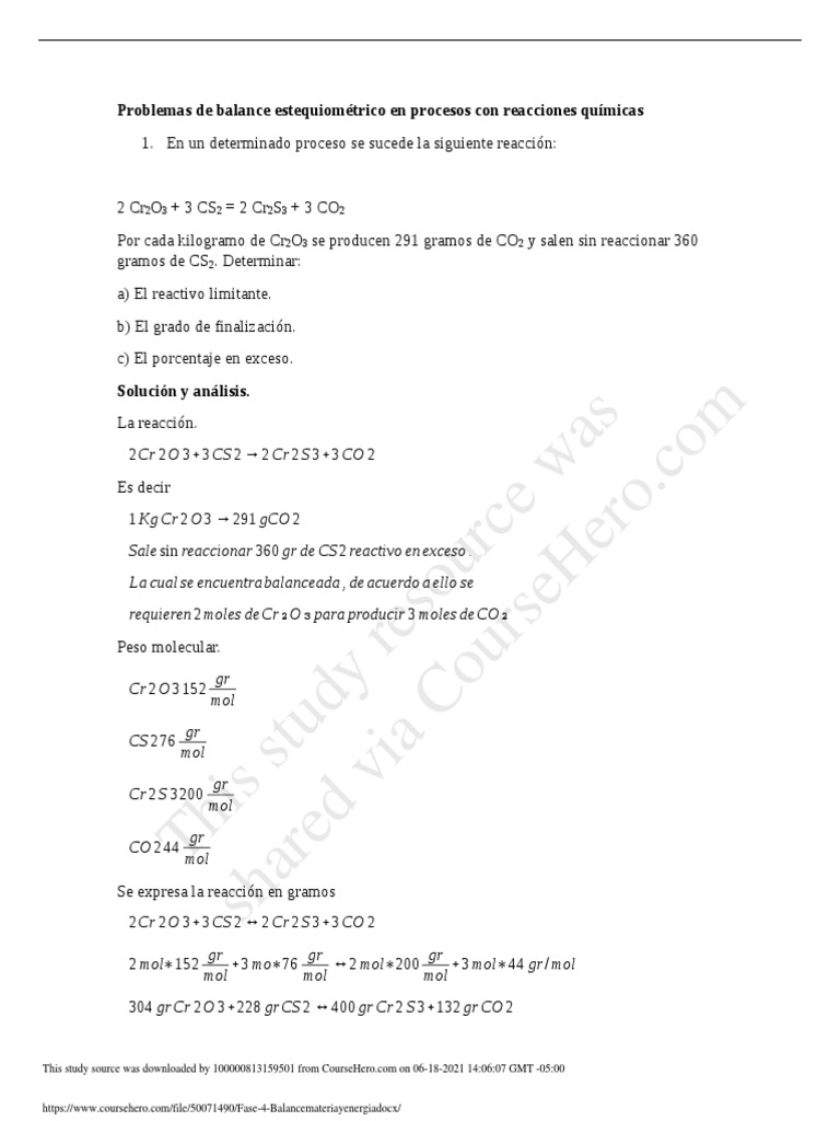 Balance Estequiométrico en Reacciones Químicas | PDF | Cromo | Reactor ...