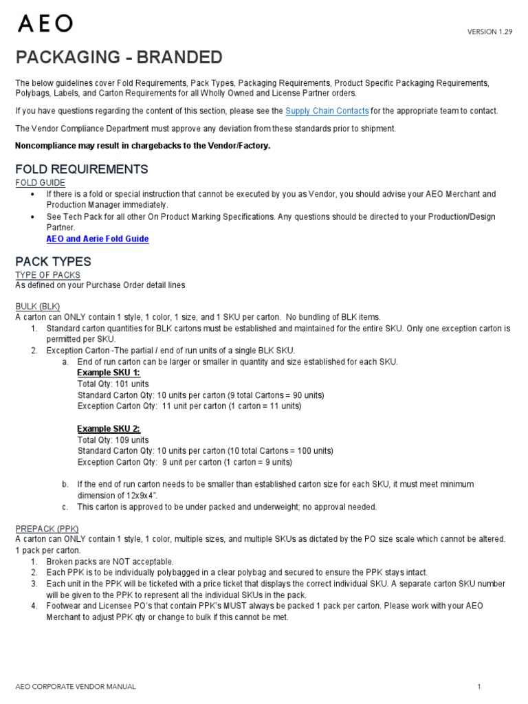 AEO Vendor Packaging Guidelines 1.29 | PDF | Bra | Packaging And Labeling