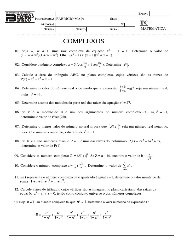 Exercícios Números Complexos - Matemática | PDF | Número complexo | Número real