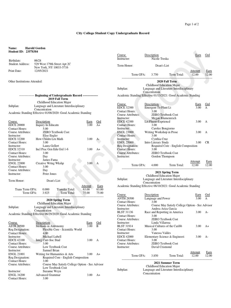 City College Transcript 2021 | PDF | Liberal Arts Education | Academia