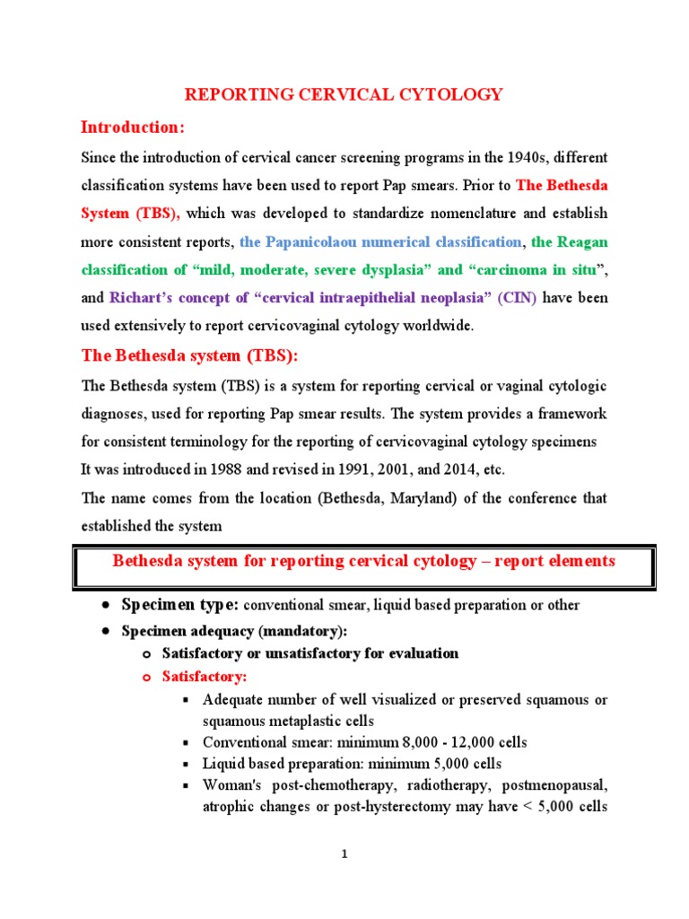 REPORTING CERVICAL CYTOLOGY, The Bethesda System | PDF | Cervical ...