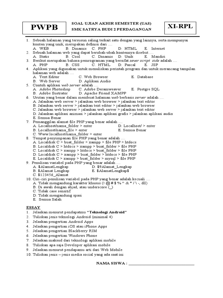Soal Uas Xi-Rpl 2021 PWPB | PDF | Seni | Komputer