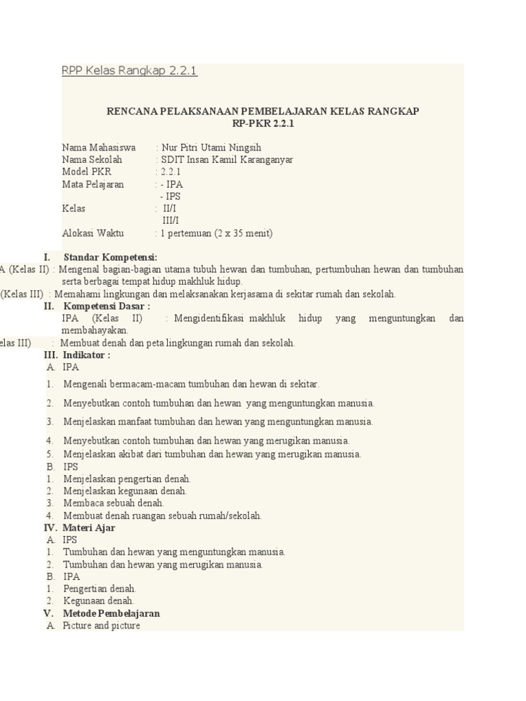 RPP Kelas Rangkap II dan III Semester 1 | PDF