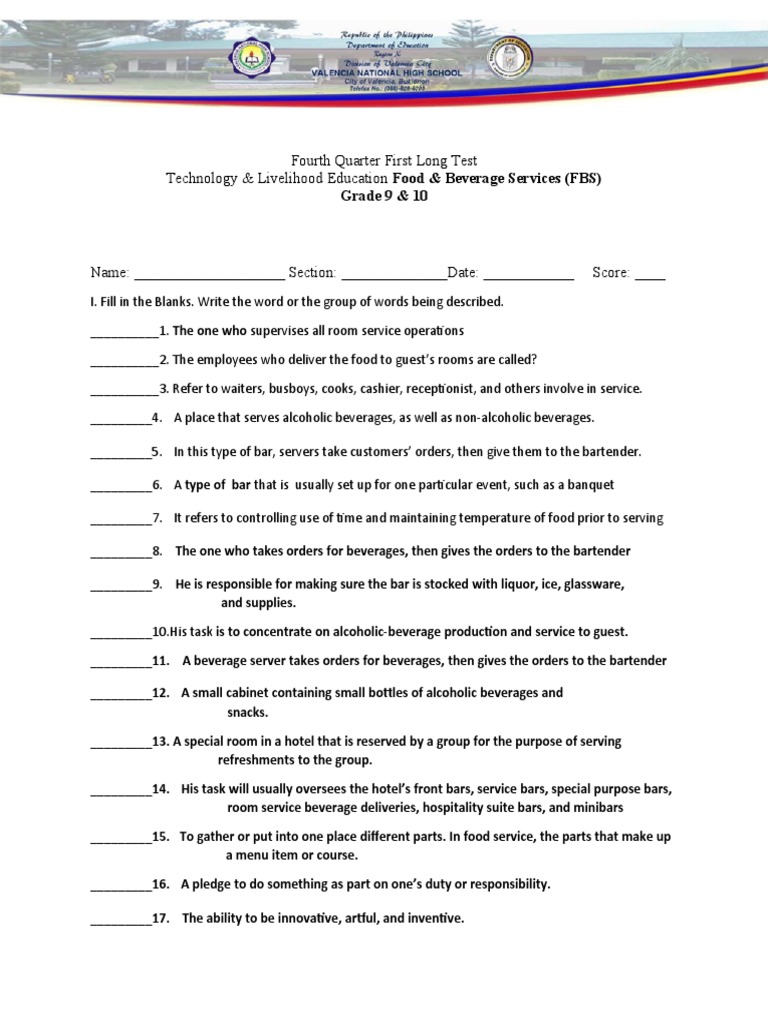First Long Test Food and Beverage Services - Docx Questions | PDF ...
