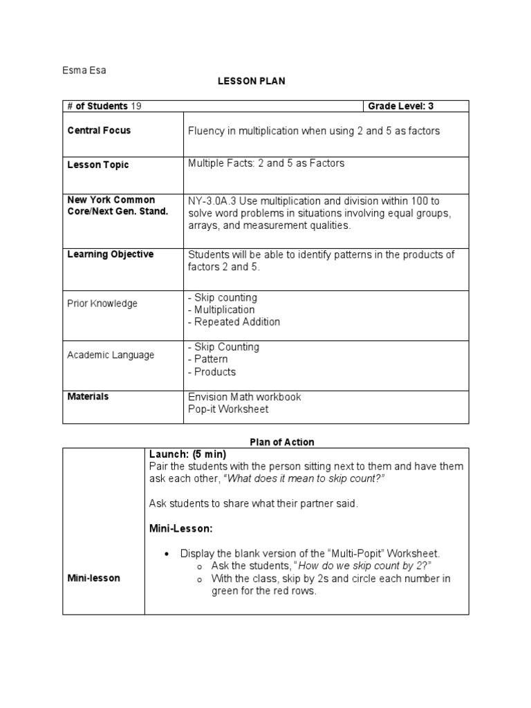 Esma Esa Math Lesson Plan Copy Dragged 4 | PDF | Worksheet | Cognitive ...